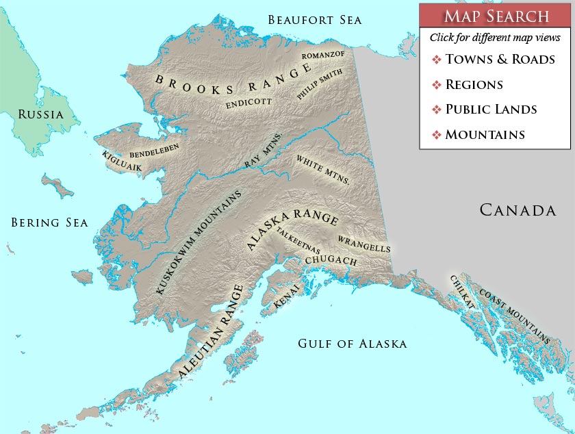 Search Alaska mountain stock photos from a map